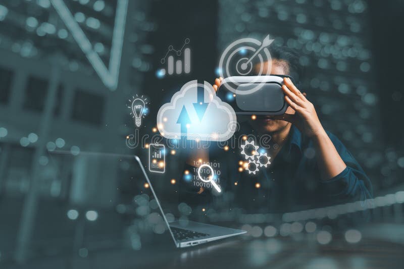 Businesswoman Wearing VR Glasses and Accessing the Cloud Computing ...