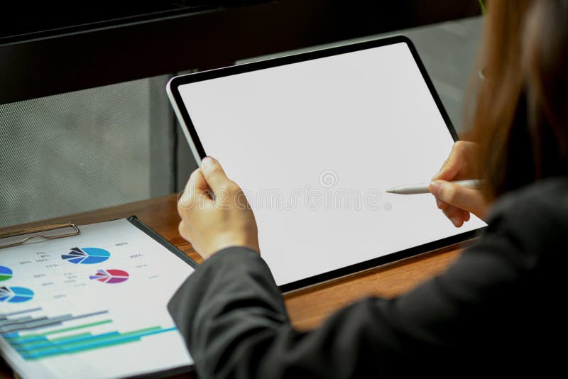 Businesswoman Working on Blank Screen Modern Tablet in Office Stock ...