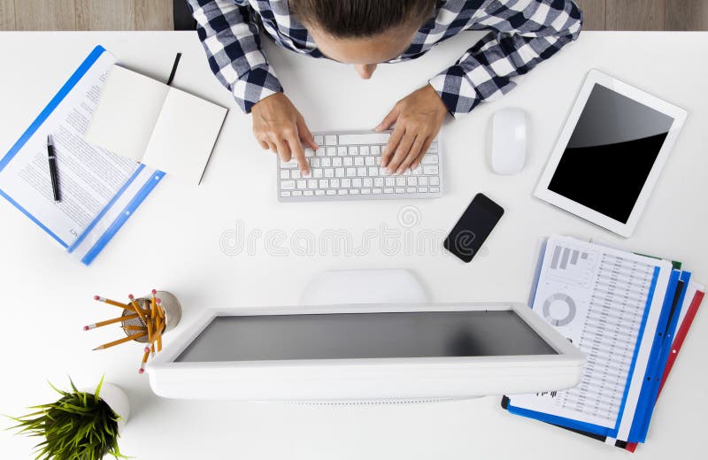 Businesswoman Working at Computer Stock Photo - Image of overhead ...
