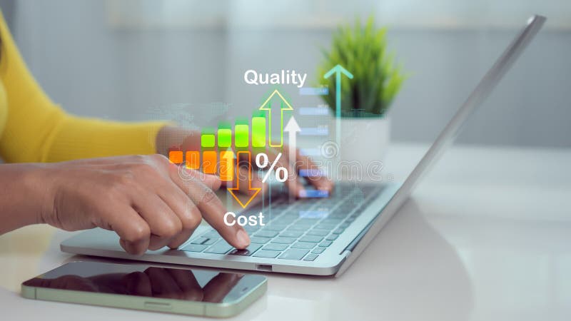 Businesswoman Working on Computer with Quality Control Growth Graph and ...