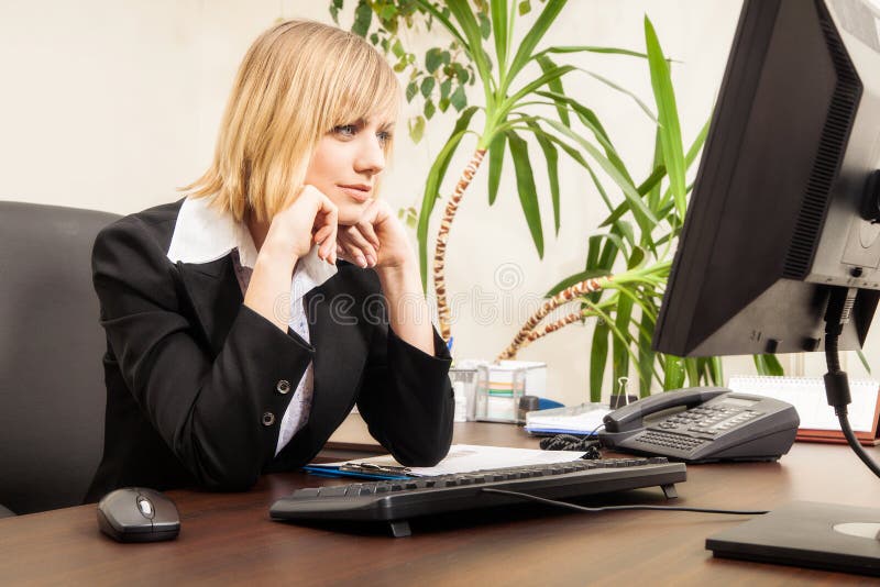 Businesswoman Working with Computer Stock Image - Image of chin ...