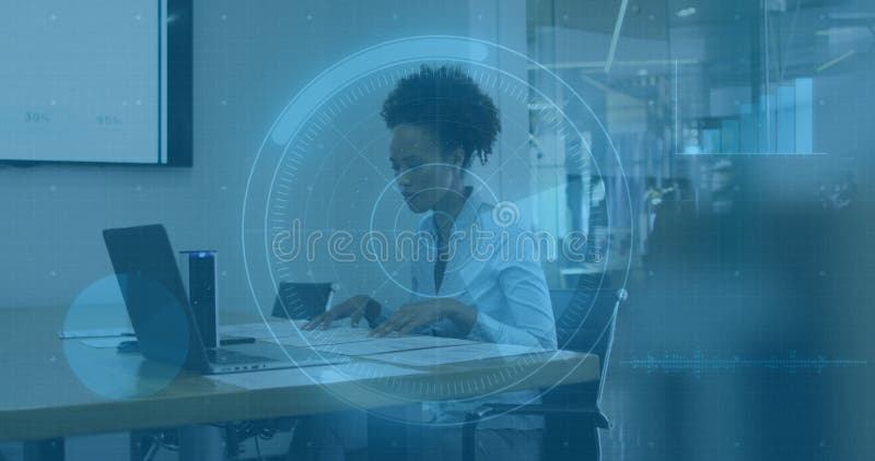 Businesswoman Working at Desk with Digital Data Processing Animation ...