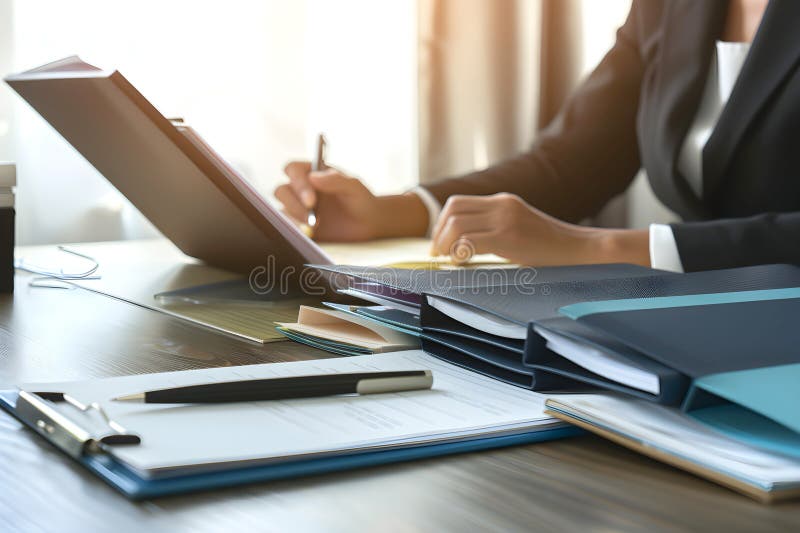 Businesswoman Working at a Desk with Documents and Folders in an Office ...