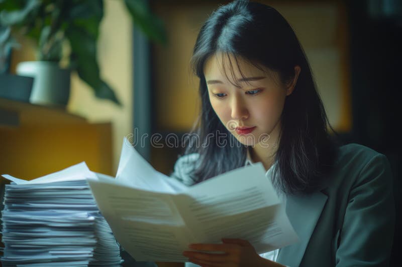 Businesswoman Working with Documents in Office, Facing Challenges and ...