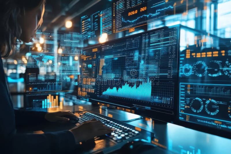 Businesswoman Working with Futuristic Big Data and Computer Screens ...