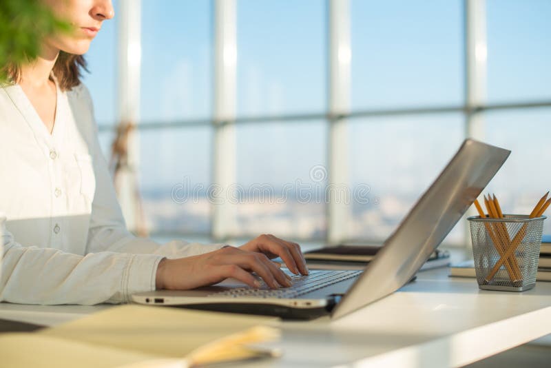 Businesswoman Working at Home Using Laptop, Studying Business Stock ...