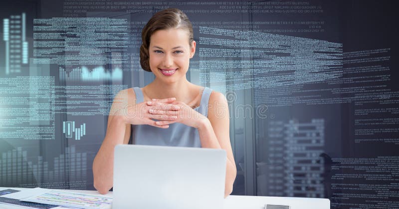 Businesswoman Working on Laptop with Screen Text Interface Stock ...