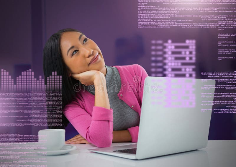 Businesswoman Working on Laptop with Screen Text Interface Stock Photo ...