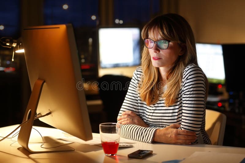 Businesswoman Working Late Night Stock Image - Image of creative, desk ...
