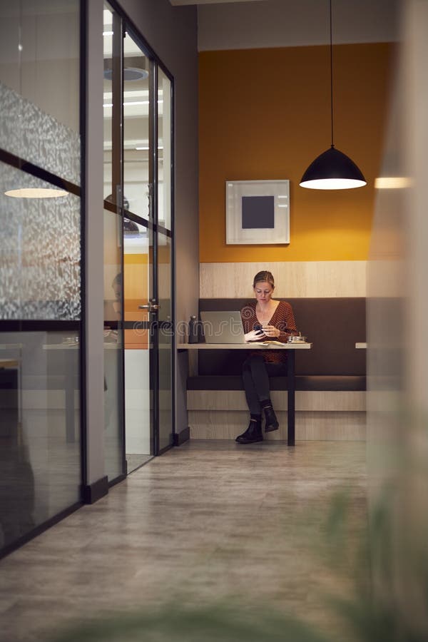 Businesswoman Working Late in Open Plan Office Using Laptop Stock Photo ...