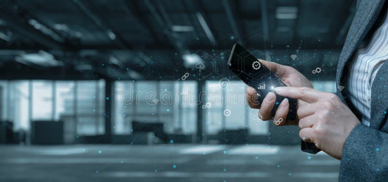 Businesswoman Working on a Mobile Device with the Interface Stock Photo ...