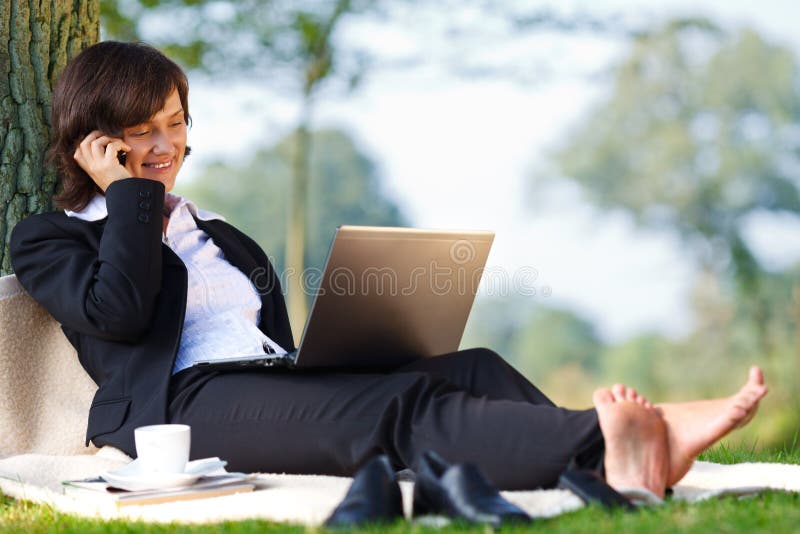 Businesswoman Working Outdoor in Park Stock Photo - Image of ...
