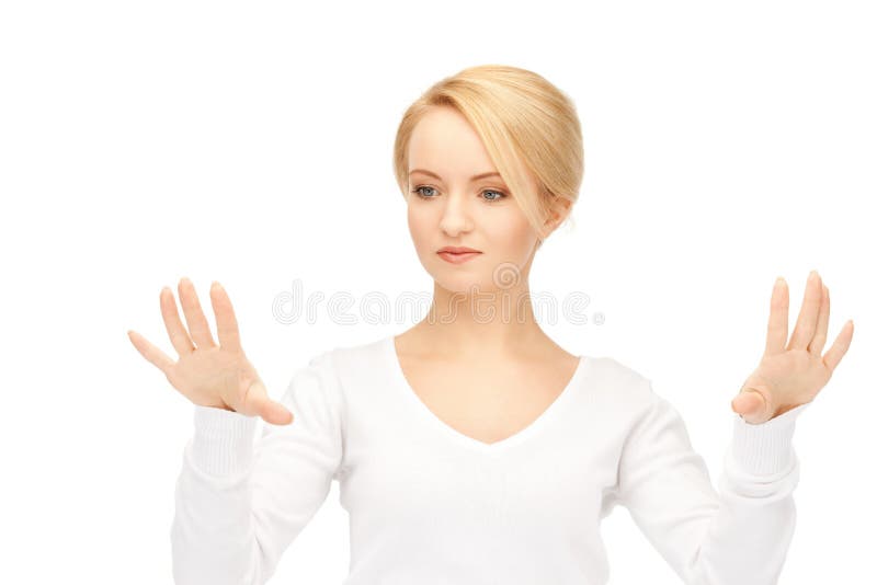 Businesswoman Working with Something Imaginary Stock Photo - Image of ...