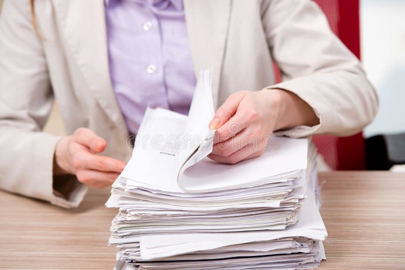 The Businesswoman Working with Stack of Papers Stock Photo - Image of ...
