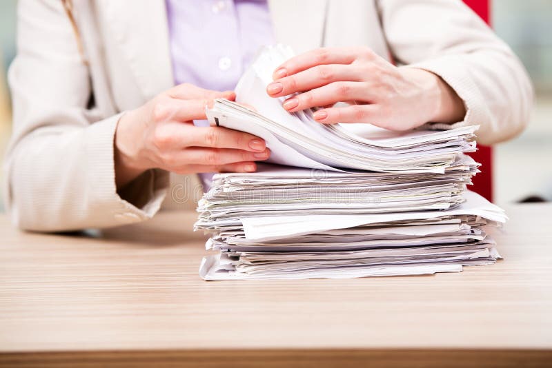 The Businesswoman Working with Stack of Papers Stock Image - Image of ...