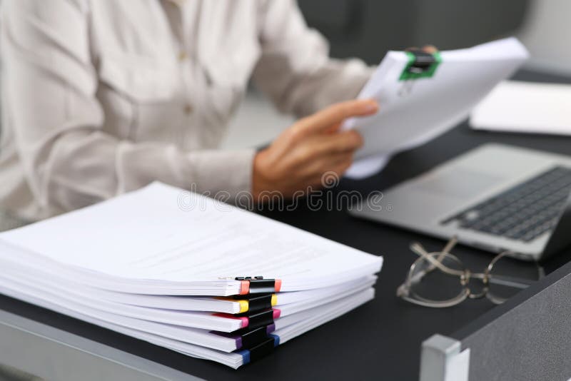 Businesswoman Working at Table in Office, Focus on Documents. Space for ...
