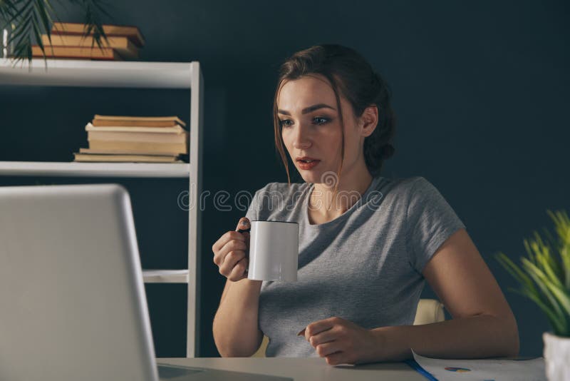 Businesswoman Working Till Late At Office Tired And Stressed Worker At Night Stock Image