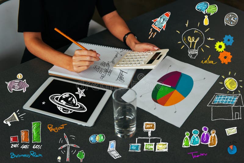 Businesswoman Works on a New Creative Business Project Plan Stock Photo ...