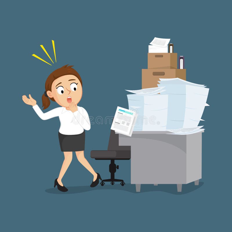 Businesswoman Worry about a Pile of Documents of Work on the Table ...