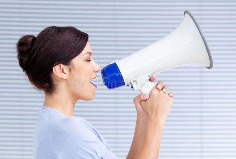 Businesswoman Yelling through a Megaphone Stock Photo - Image of collar ...