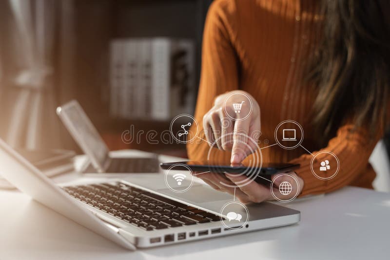 Businesswomen or Designer Using Tablet with Laptop and Document on Desk ...
