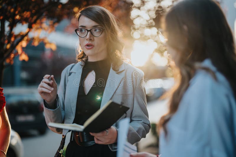 Businesswomen Discussing Work Outdoors in Autumn Setting during Sunset ...