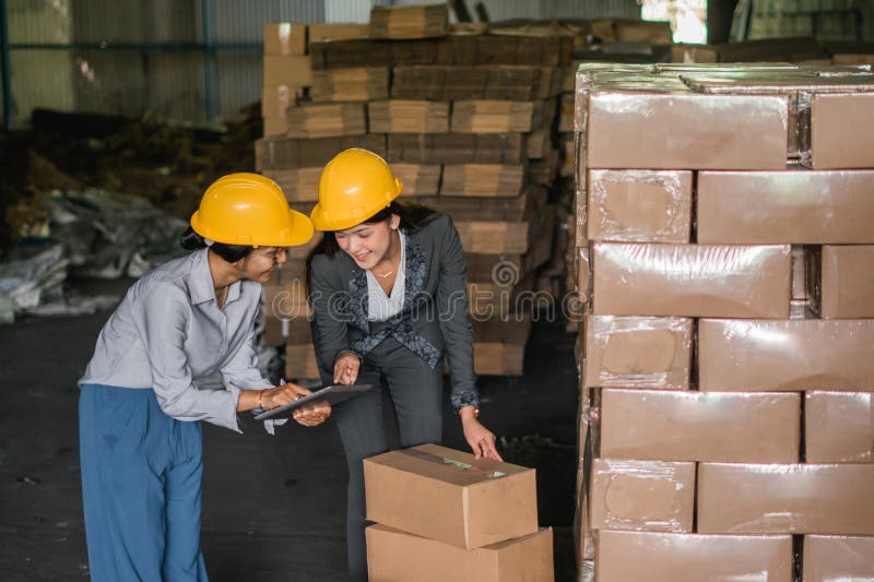 Businesswomen and Factory Workers Check the Contents of Boxes Stock ...