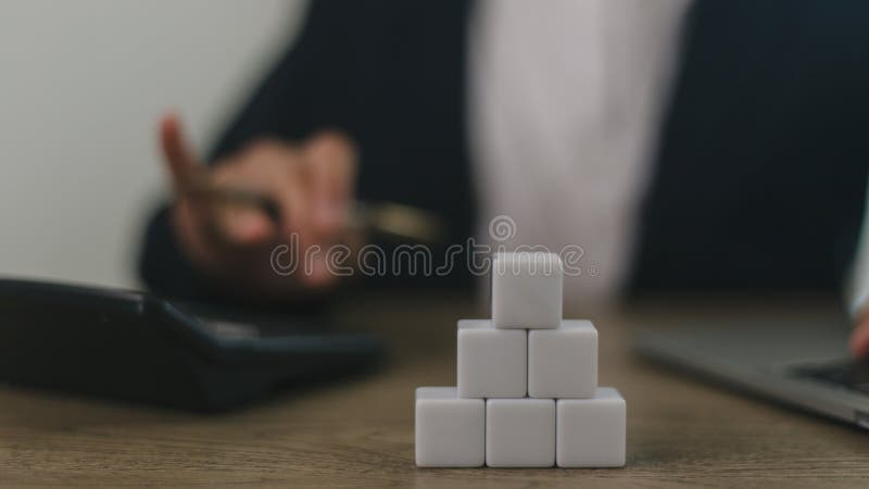 Businesswomen Stack Blank Wooden Cubes on the Table with Copy Space ...