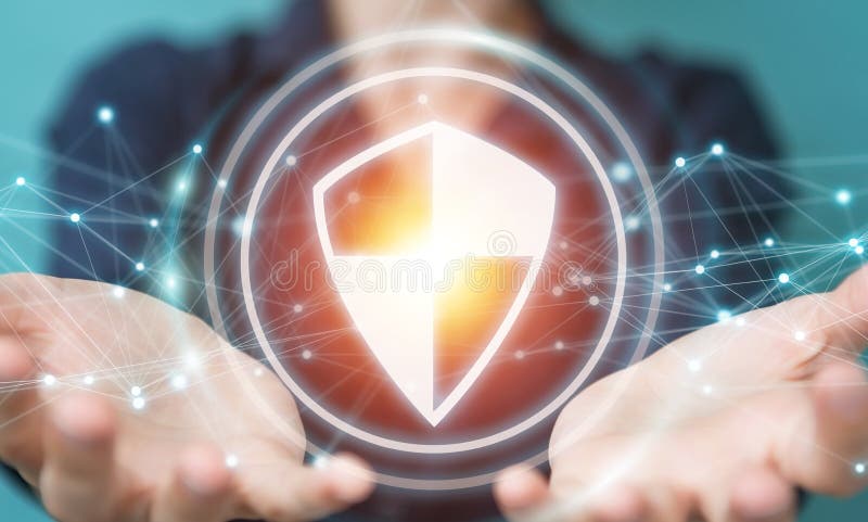 Businesswoman Using Shield Safe Protection with Connections 3D R Stock ...