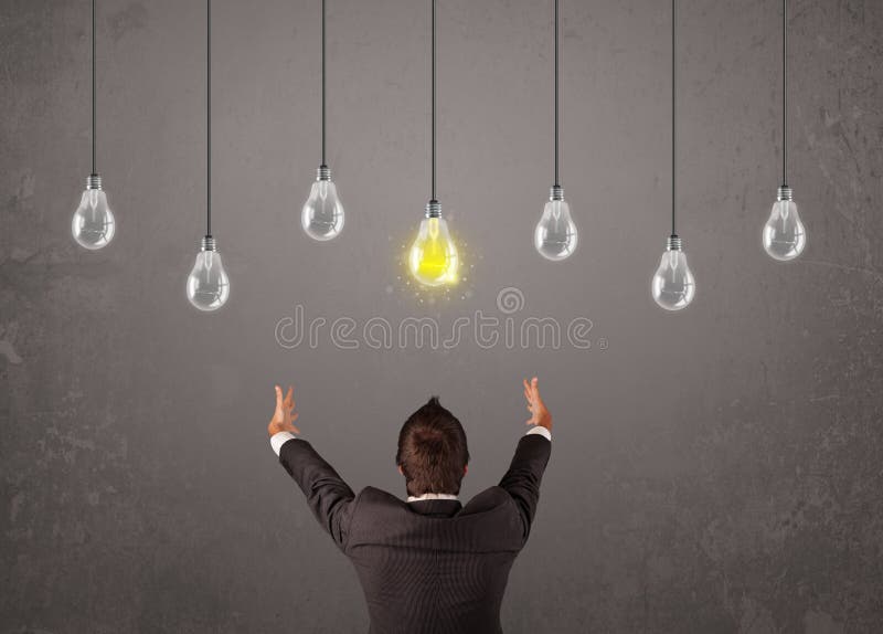 Businness Guy in Front of Idea Light Bulbs Concept Stock Illustration ...