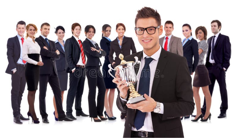 Businss Man Holding a Trophy in Fron of His Team Stock Image - Image of ...