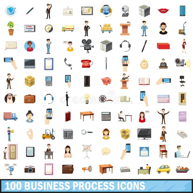 100 Busness Process Icons Set, Cartoon Style Stock Vector ...