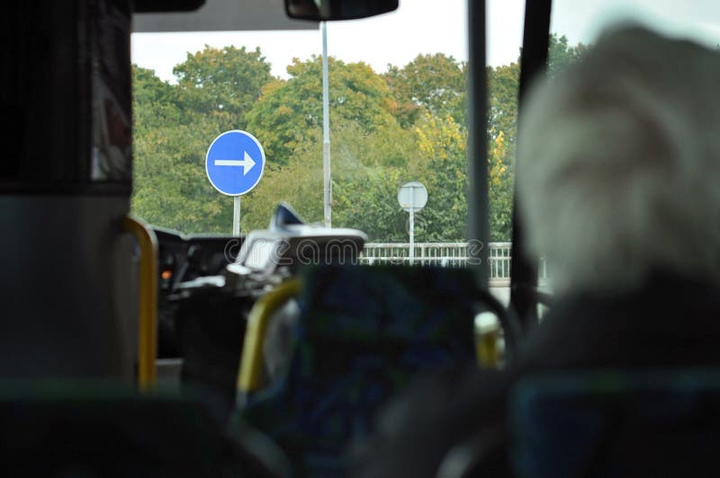 On the Bus Looking Forward and Out of the Windshield. Passenger, Older ...