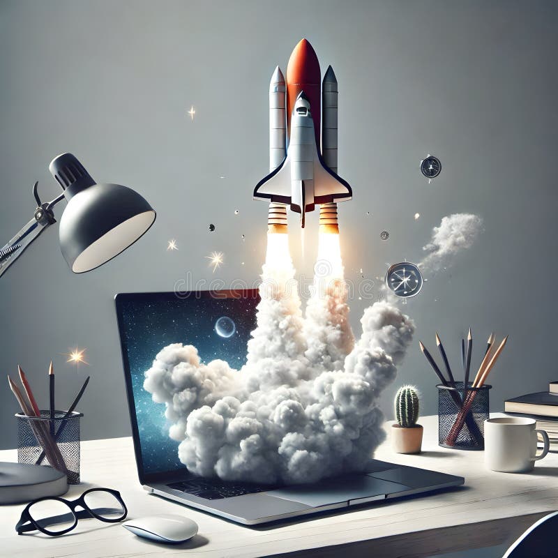 Creative Image of Tiny Rocket Launching from the Laptop ,bussiness ...