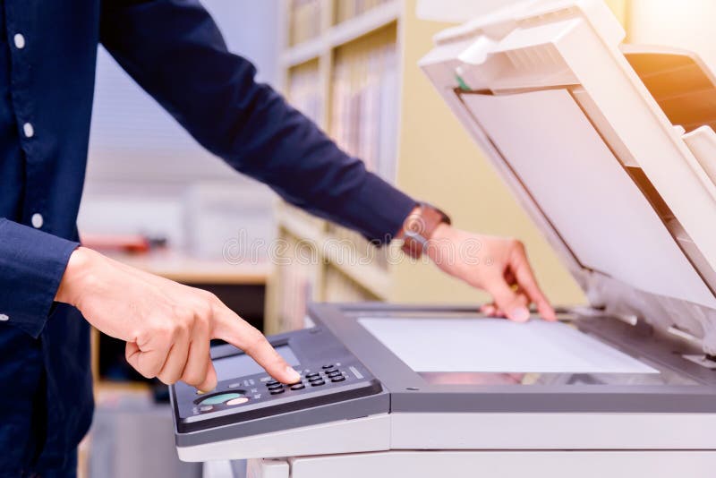 Bussiness Man Hand Press Button on Panel of Printer, Printer Scanner ...