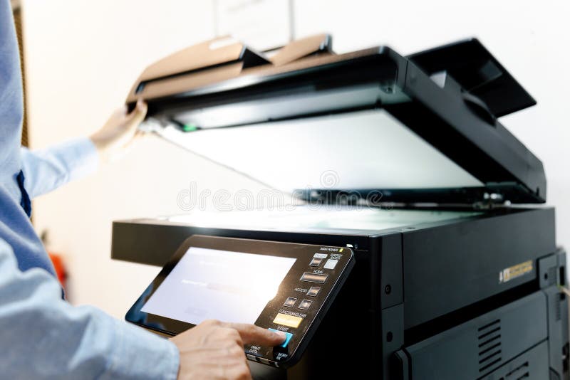 Bussiness Man Hand Press Button on Panel of Printer, Printer Scanner ...