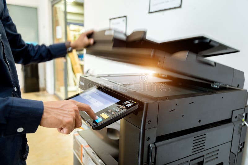 Bussiness Man Hand Press Button on Panel of Printer, Printer Scanner ...