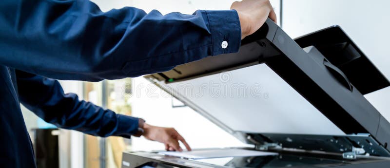 Bussiness Man Hand Press Button on Panel of Printer, Printer Scanner ...