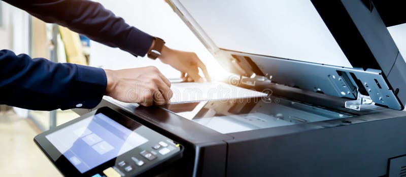 Bussiness Man Hand Press Button on Panel of Printer, Printer Scanner ...