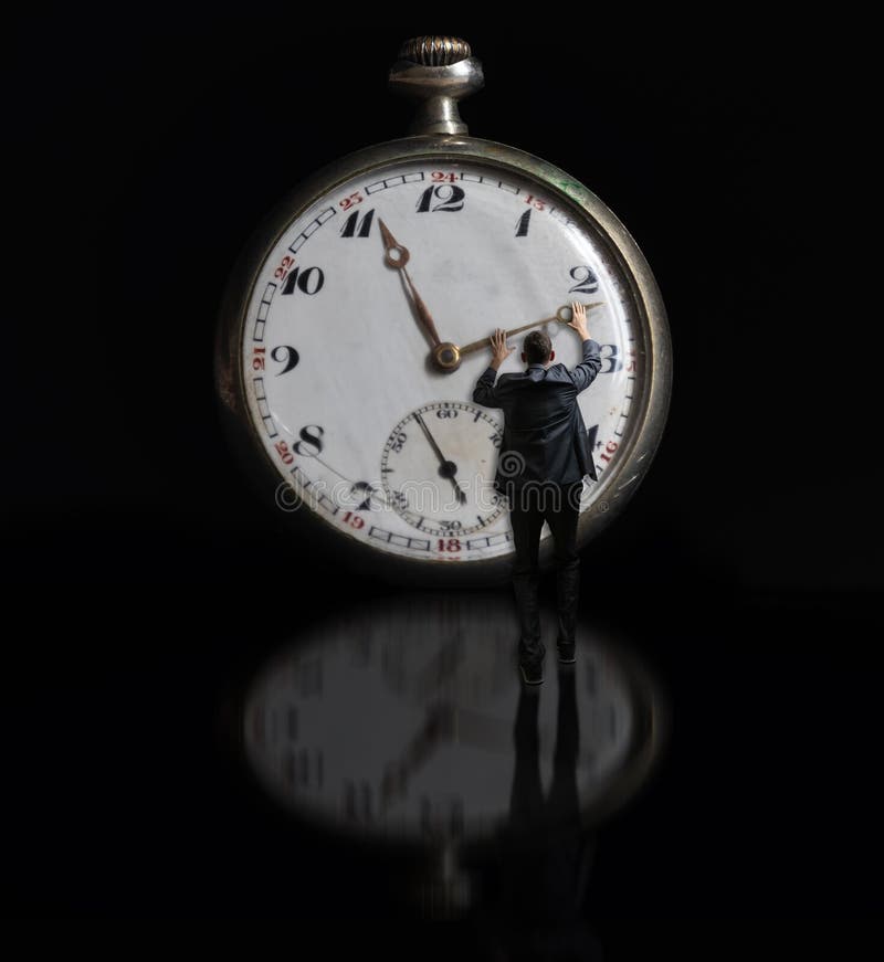 Bussiness Man in Suit Holding Clock Hand on Reflection Surface. Stop ...