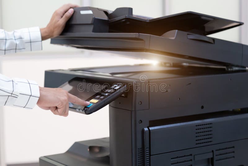 Bussinessman Press Button on Panel of Printer Photocopier Network ...