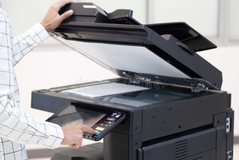 Bussinessman Press Button on Panel of Printer Photocopier Network ...