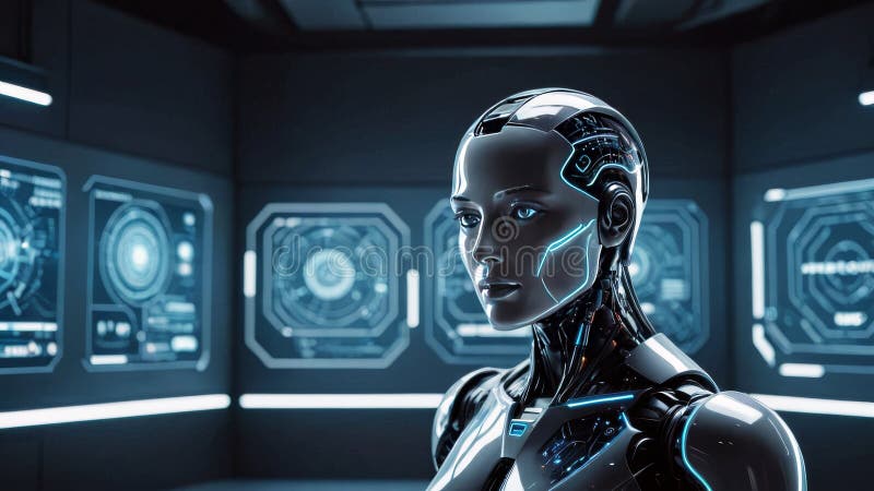 The Bust of an Android Woman in a Futuristic Room. Stock Illustration ...