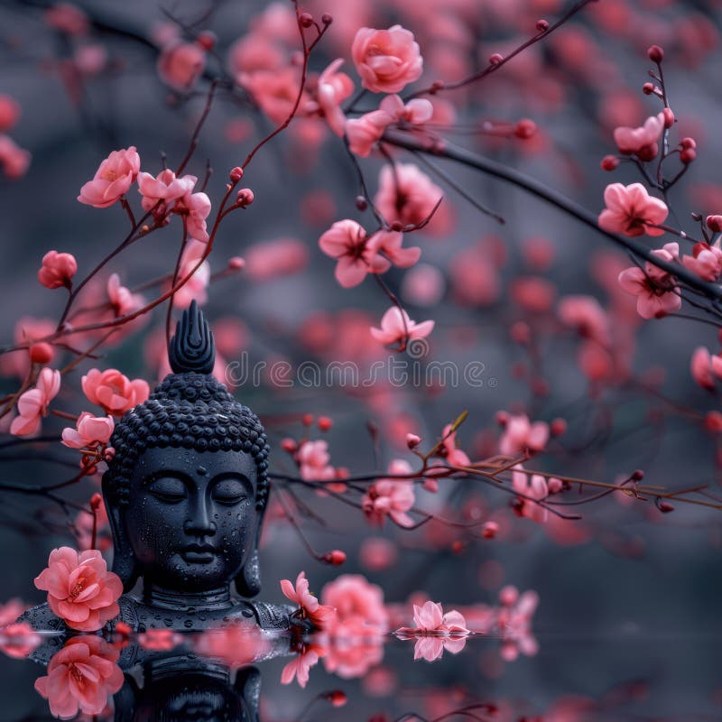 Bust of Buddha Statue Sitting in ZEN Garden with Flowers Around Stock ...
