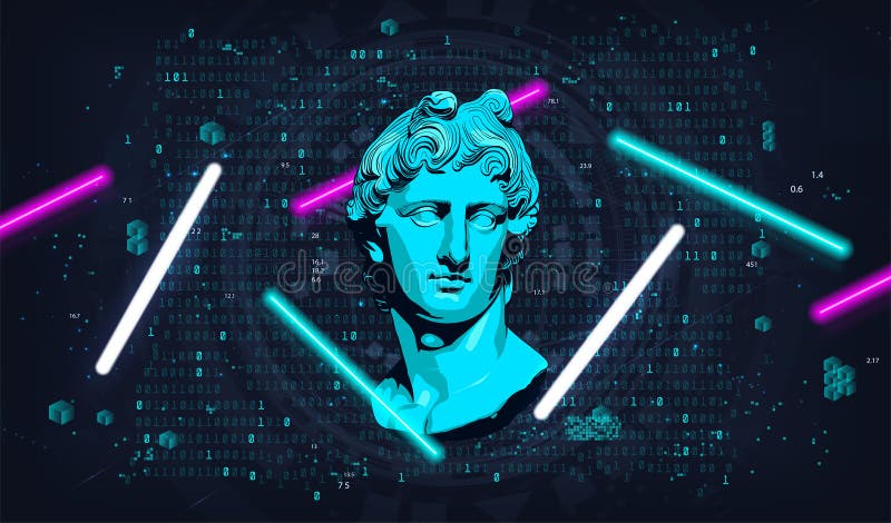Bust 3d Against a Futuristic Background, Binary Code, and Neon Lamps ...