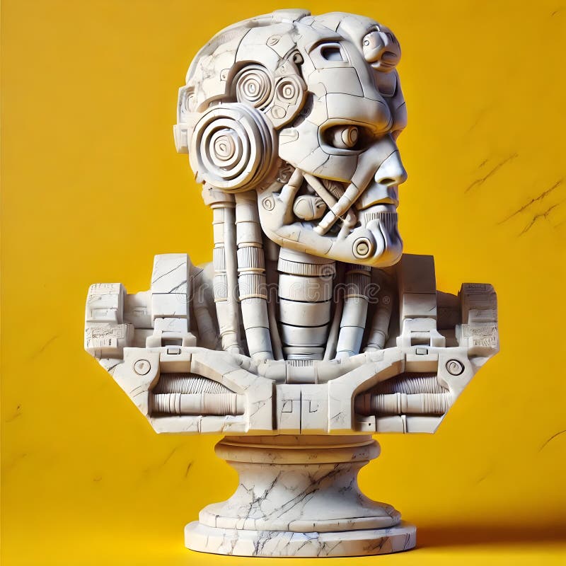 A Marble Bust of a Humanoid Robot Features a Smooth, White Finish and ...