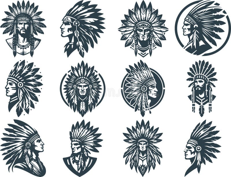 Bust of a Native American Chief with Feathers on His Head in Vector ...