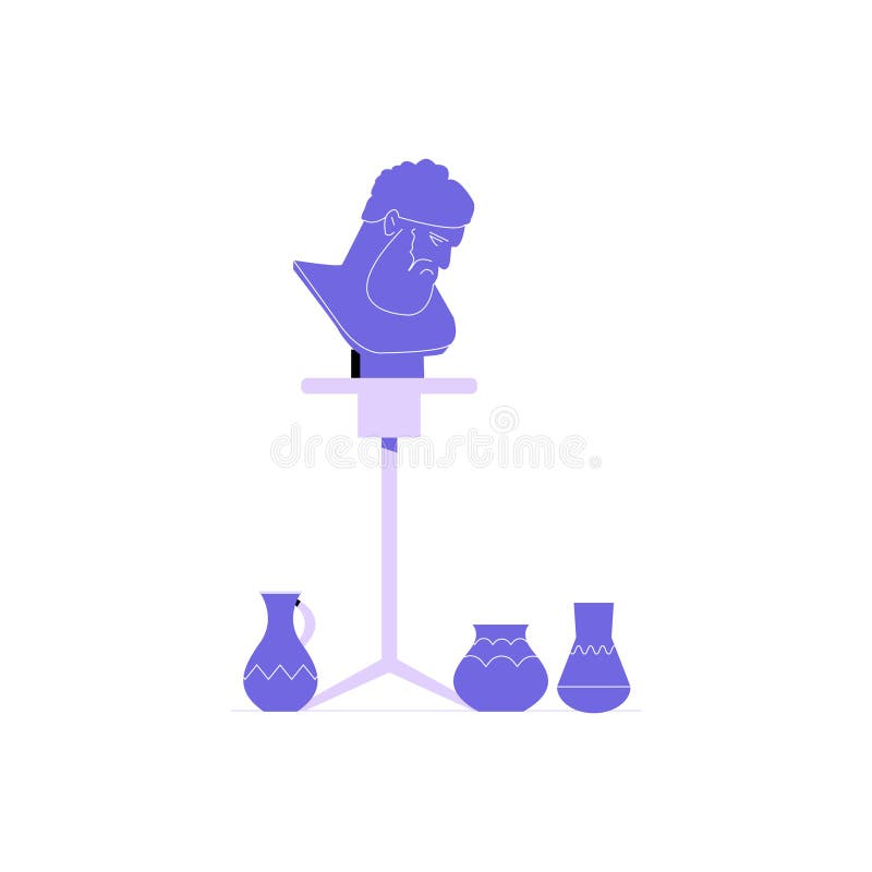 Bust Sculpture and Clay Pots in Flat Vector Illustration Symbolizing ...