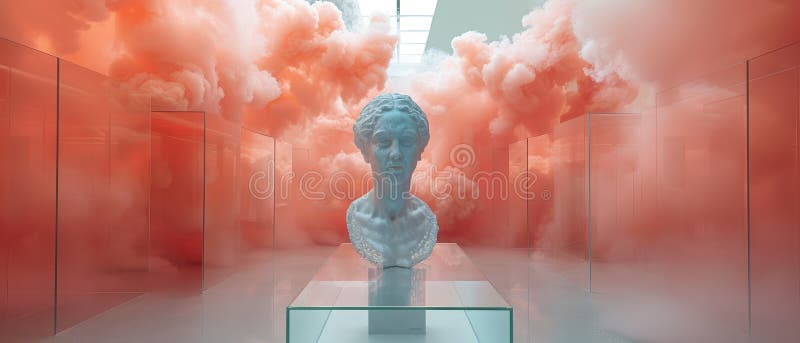 Bust Sculpture Surrounded by Colorful Smoke in Art Gallery Setting ...