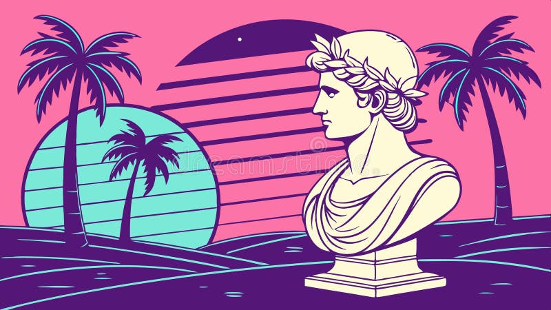 Bust Statue with Palm Trees. Classical and Tropical Theme. Vector ...